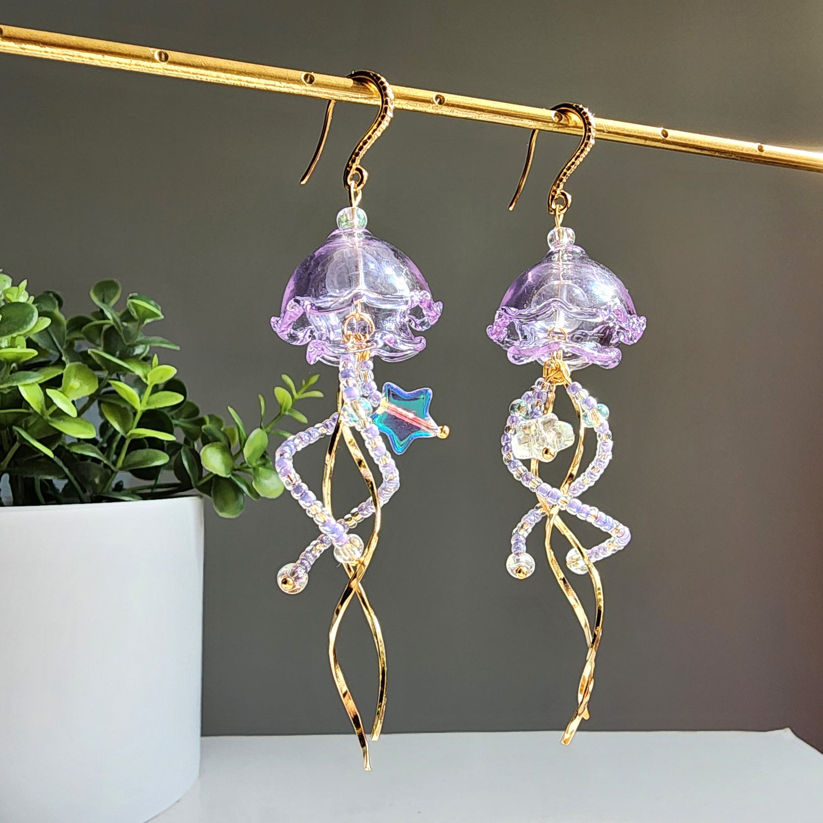 Sparkling Jellyfish dangle earrings, Japanese colorful beads glass jellyfish ocean theme dangle ...